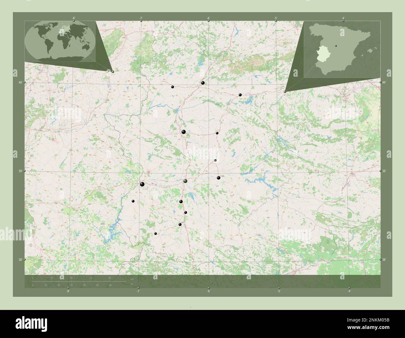 Extremadura, autonomous community of Spain. Open Street Map. Locations of major cities of the ...
