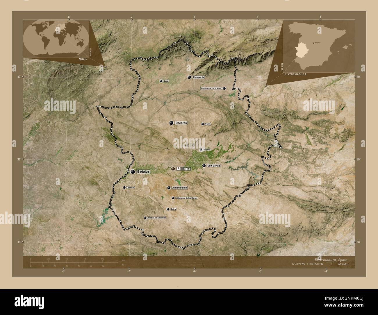 Extremadura, autonomous community of Spain. Low resolution satellite map. Locations and names of ...