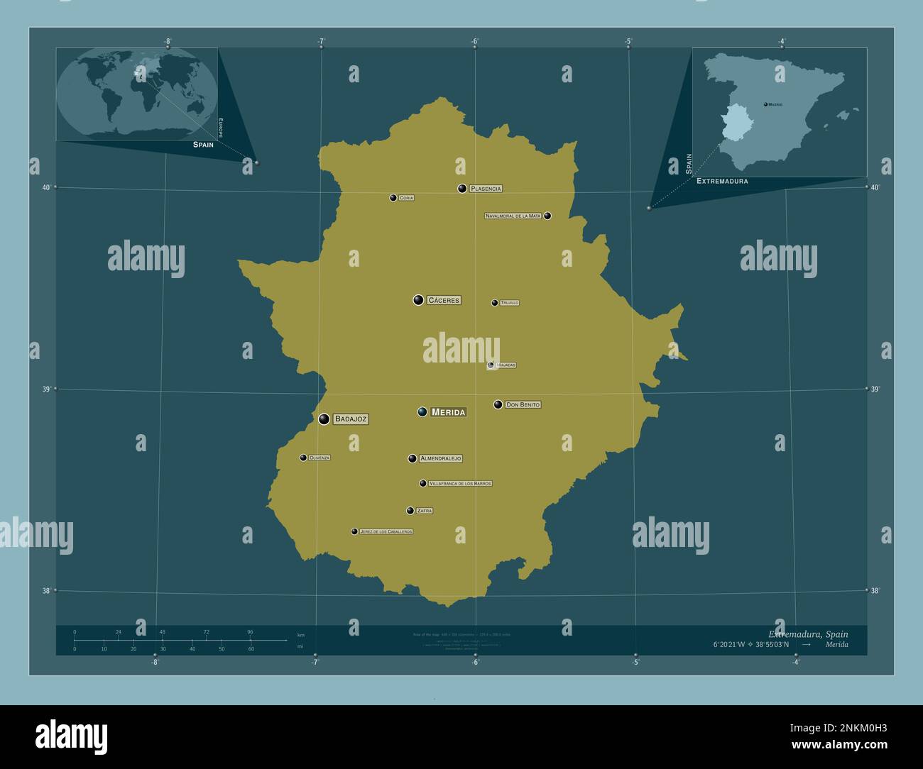 Extremadura, autonomous community of Spain. Solid color shape. Locations and names of major ...