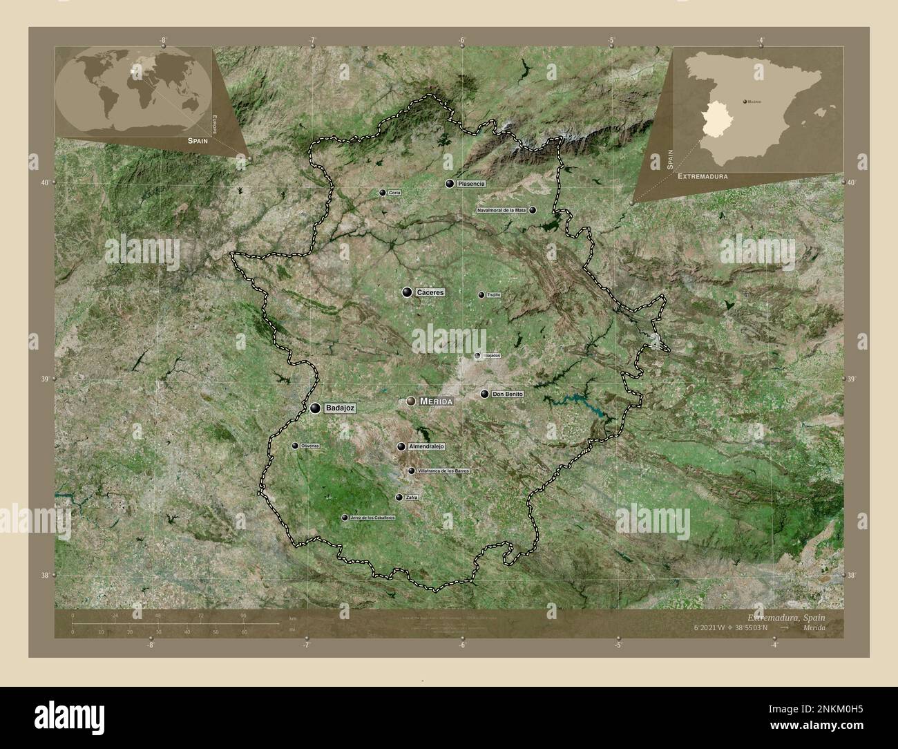 Extremadura, autonomous community of Spain. High resolution satellite map. Locations and names ...