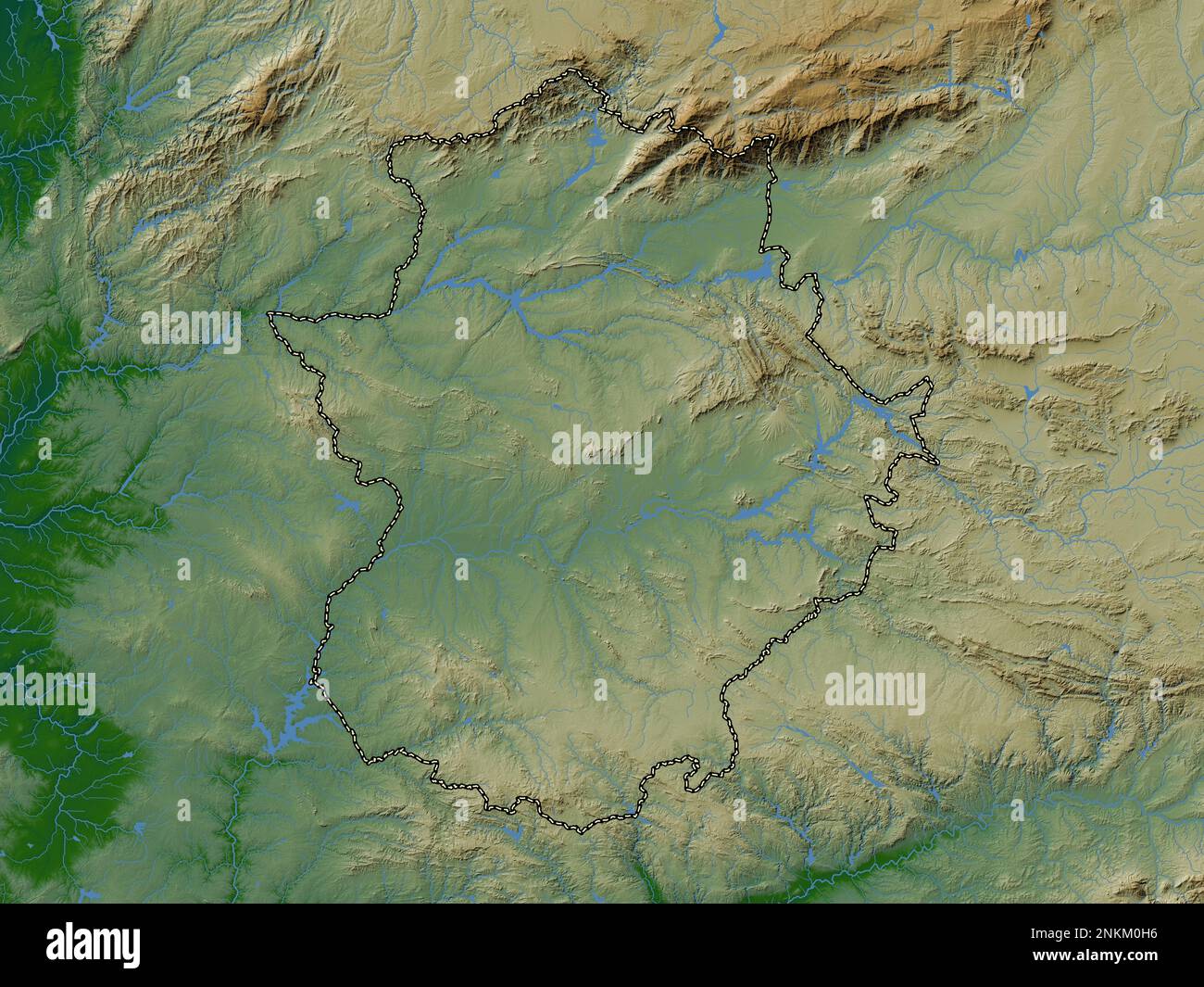Extremadura, autonomous community of Spain. Colored elevation map with lakes and rivers Stock ...