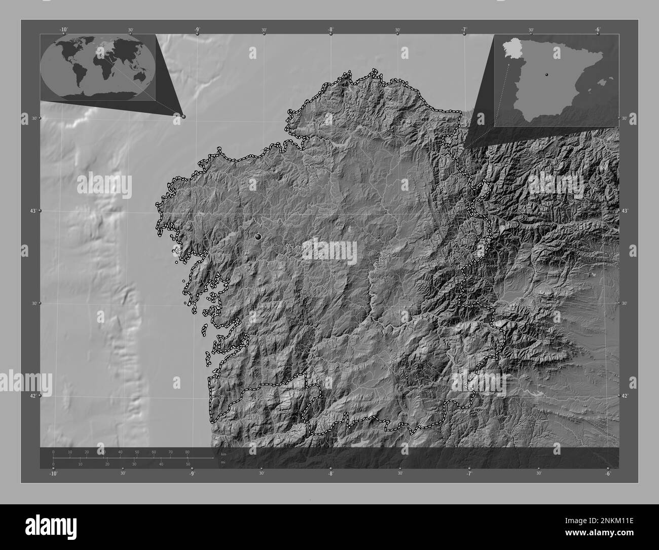 Galicia, autonomous community of Spain. Bilevel elevation map with ...