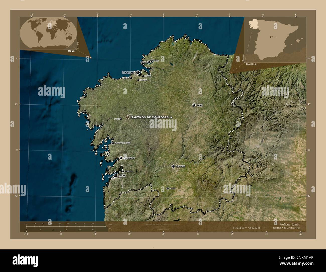 Galicia, autonomous community of Spain. Low resolution satellite map. Locations and names of ...