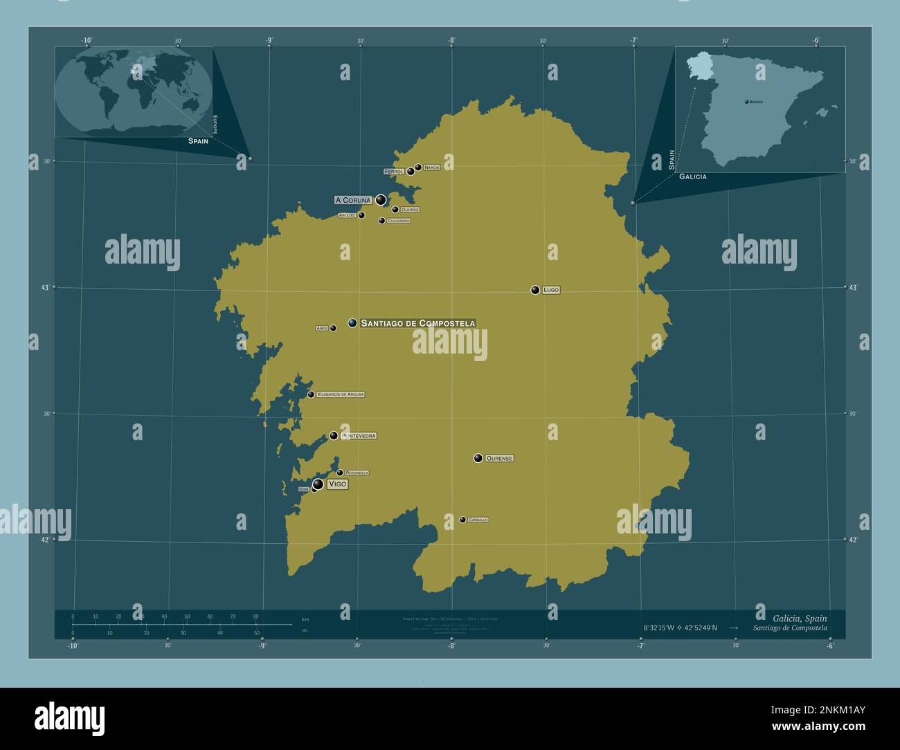 Galicia, autonomous community of Spain. Solid color shape. Locations ...
