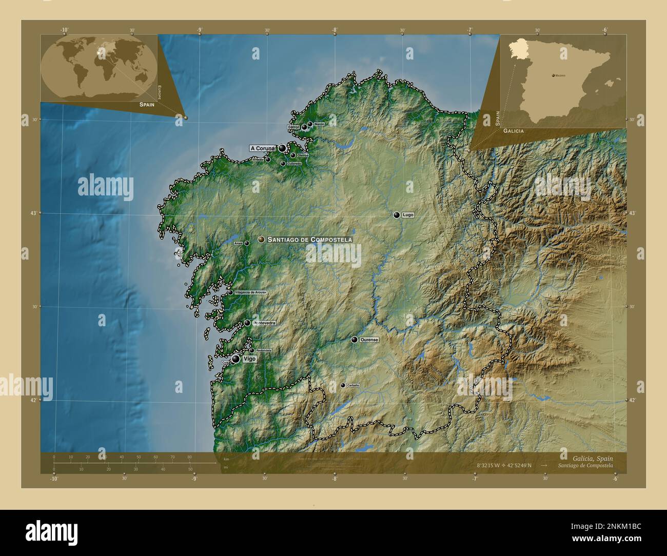 Galicia, autonomous community of Spain. Colored elevation map with ...