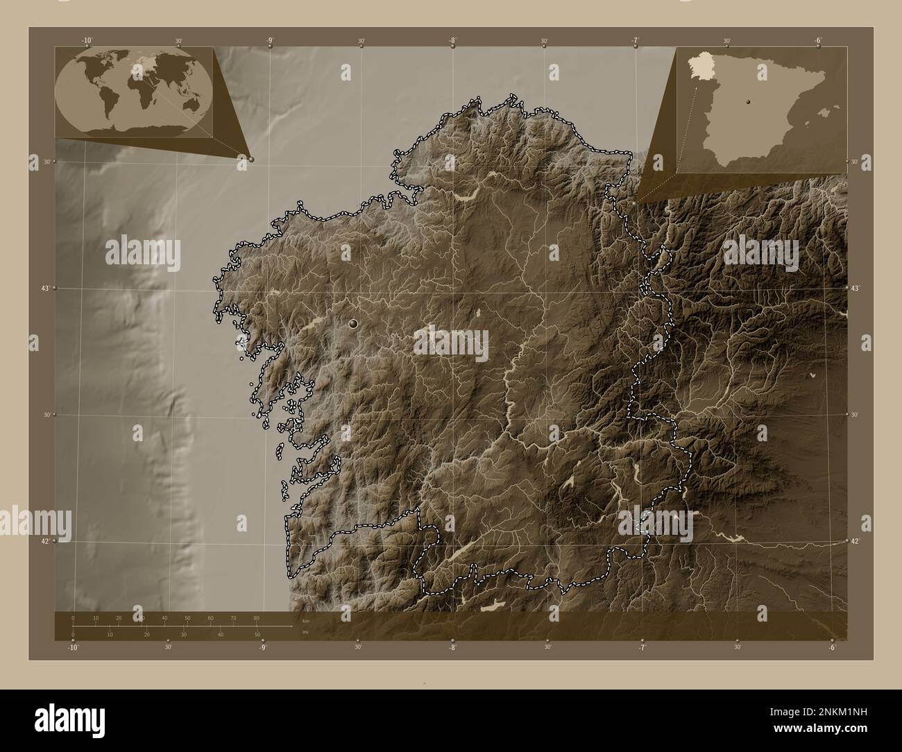 Galicia, autonomous community of Spain. Elevation map colored in sepia ...