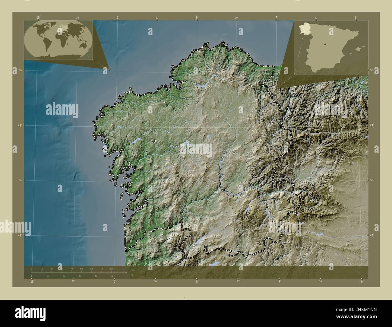 Galicia, autonomous community of Spain. Elevation map colored in wiki ...