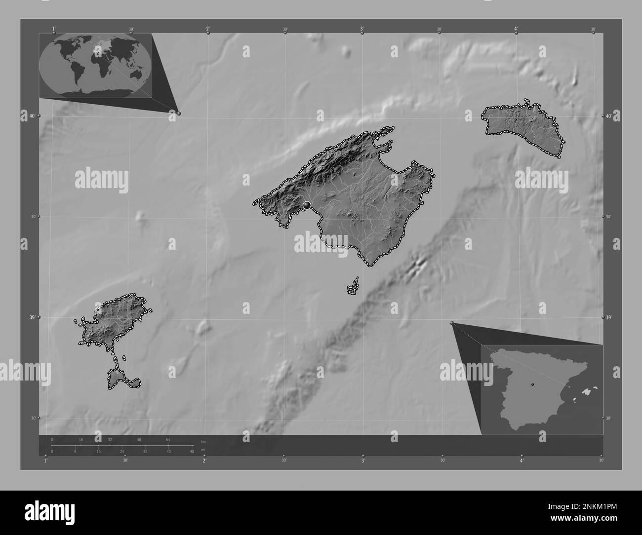 Islas Baleares, autonomous community of Spain. Bilevel elevation map ...