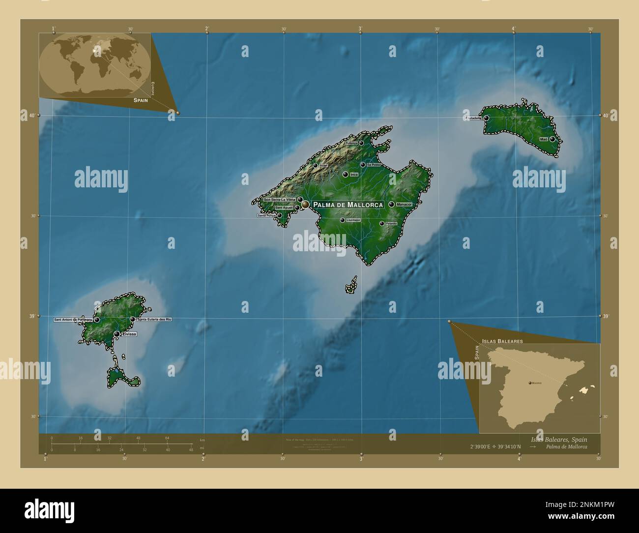 Islas Baleares, autonomous community of Spain. Colored elevation map ...