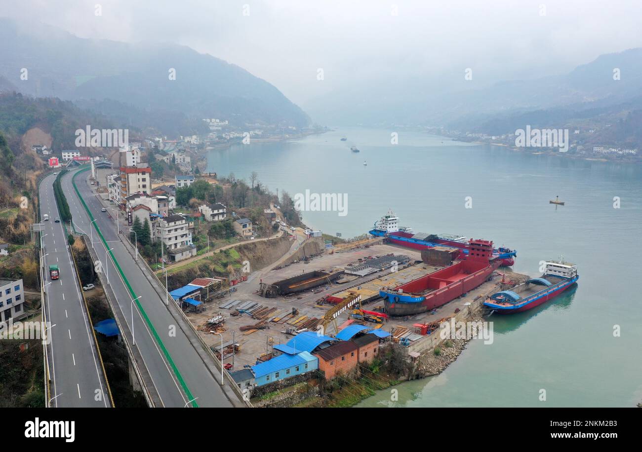 Aerial photo shows workers are busy working at a shipbuilding base in ...