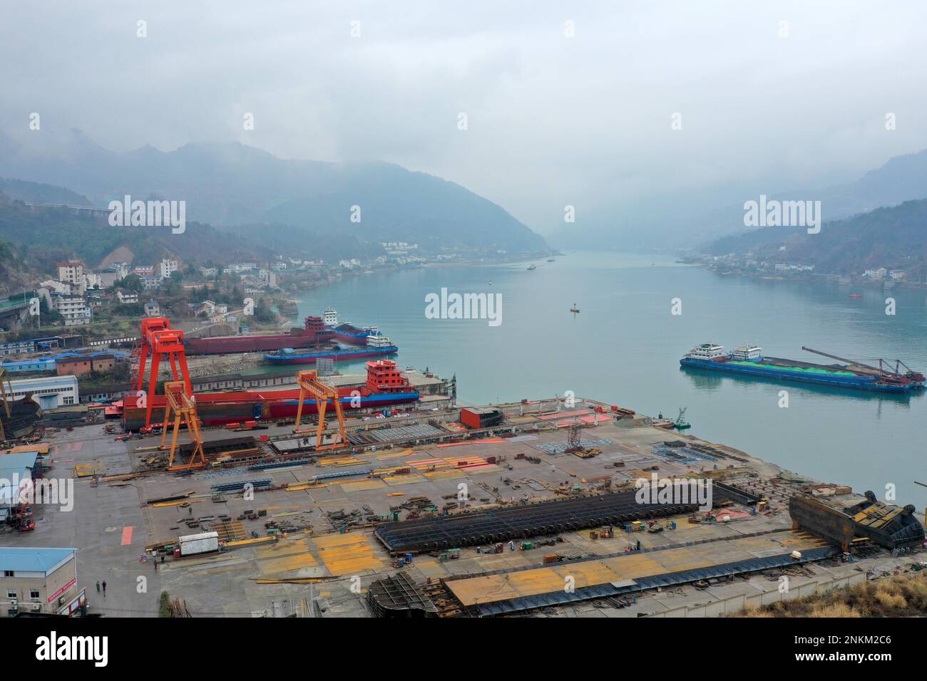 Aerial photo shows workers are busy working at a shipbuilding base in ...