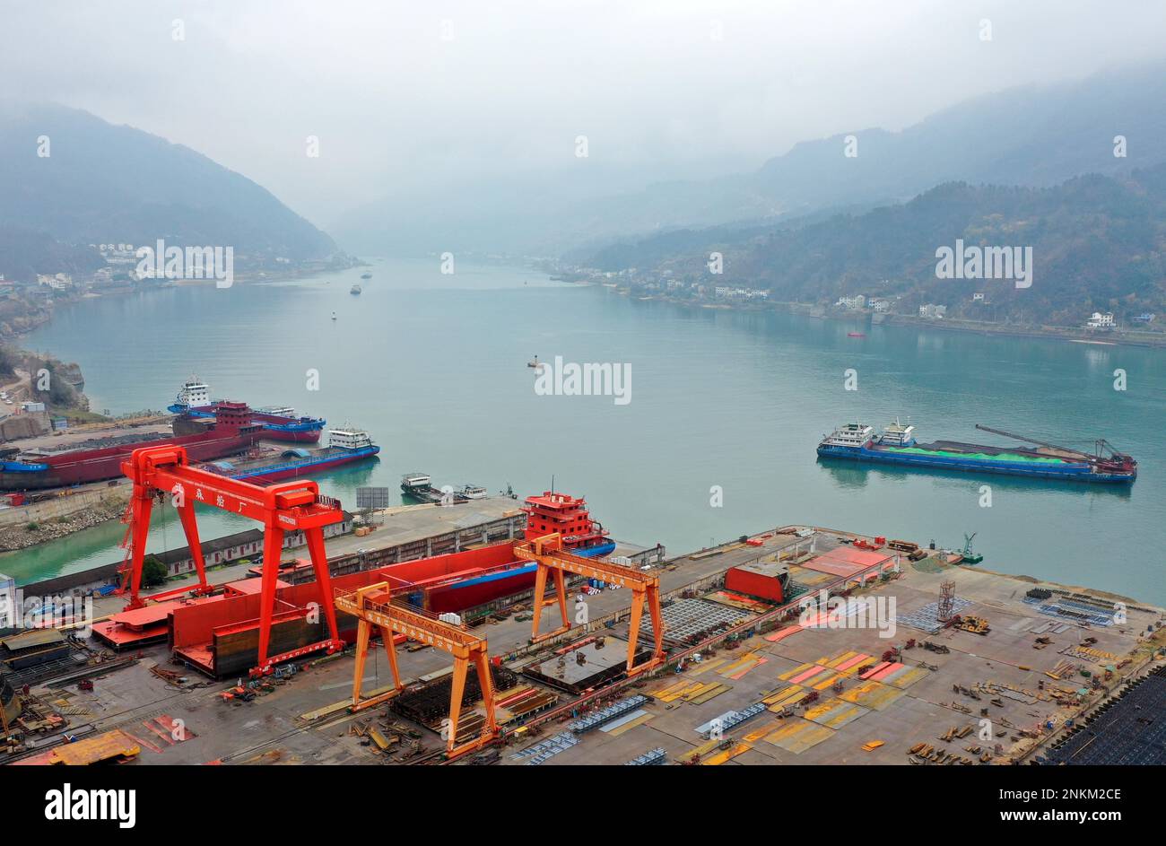 Aerial photo shows workers are busy working at a shipbuilding base in ...