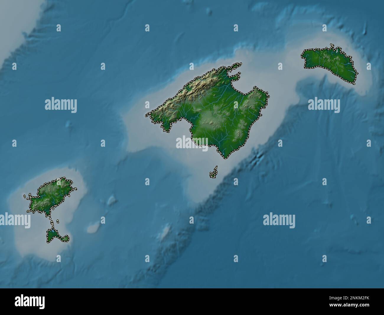 Islas Baleares, autonomous community of Spain. Colored elevation map ...