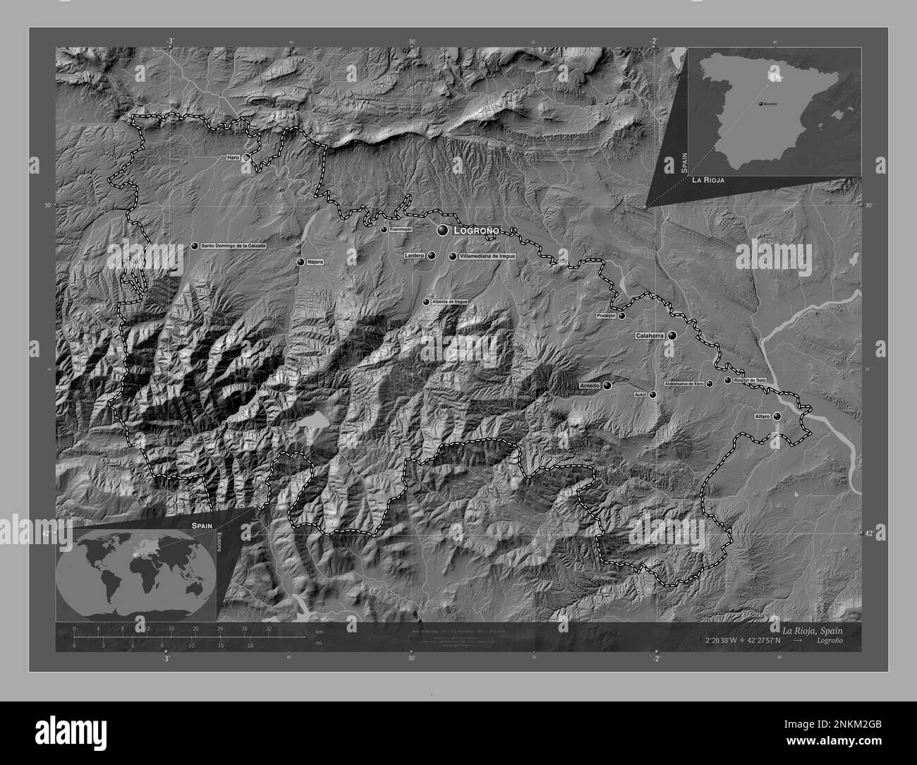 La Rioja, autonomous community of Spain. Bilevel elevation map with ...