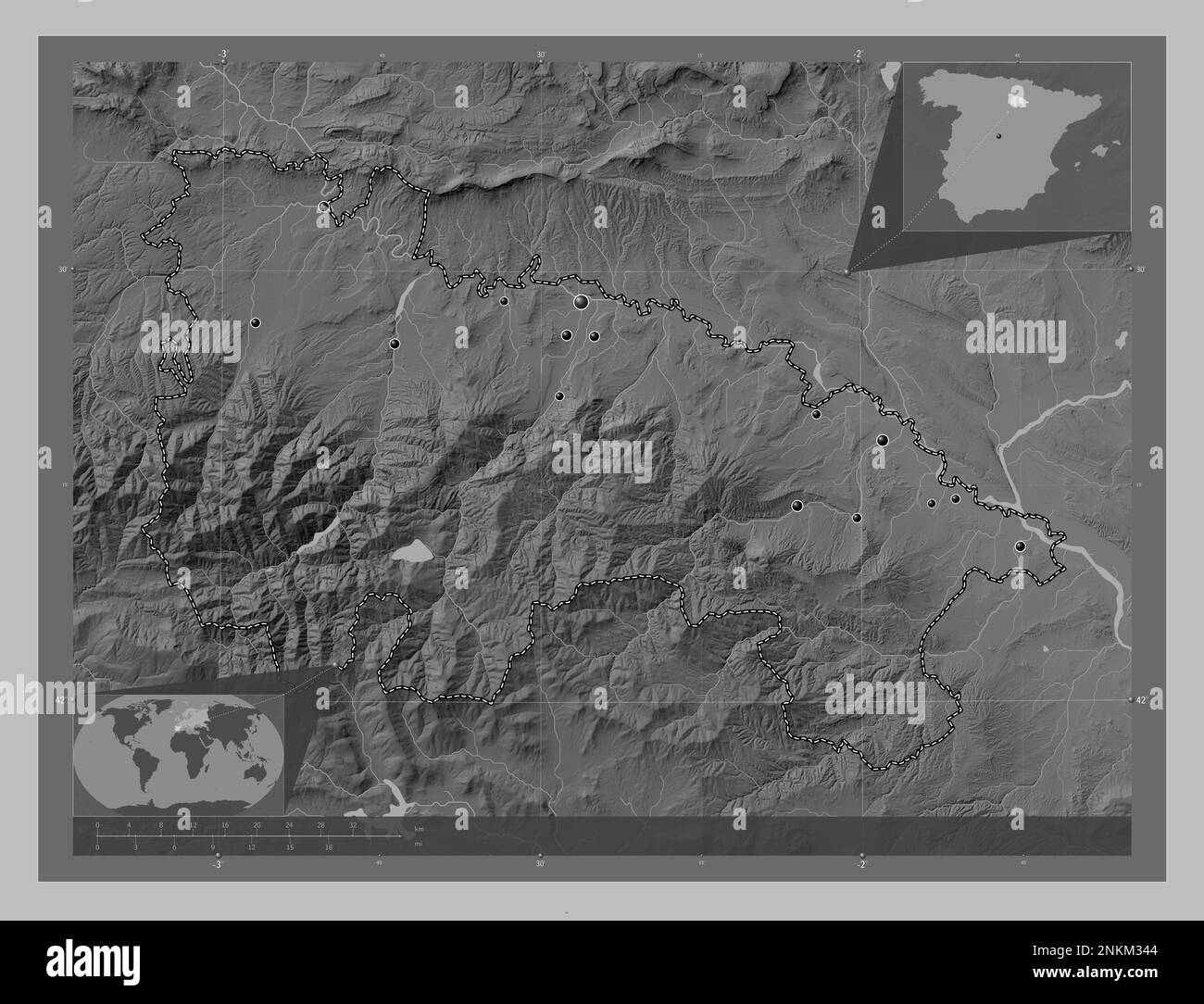 La Rioja, autonomous community of Spain. Grayscale elevation map with ...