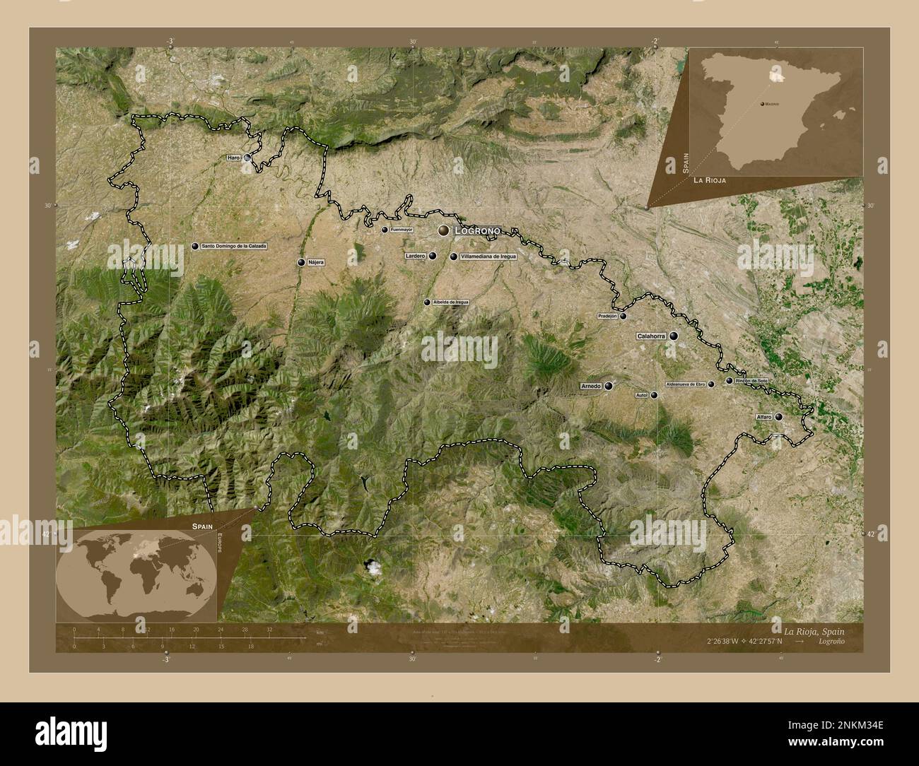 La Rioja, autonomous community of Spain. Low resolution satellite map. Locations and names of ...