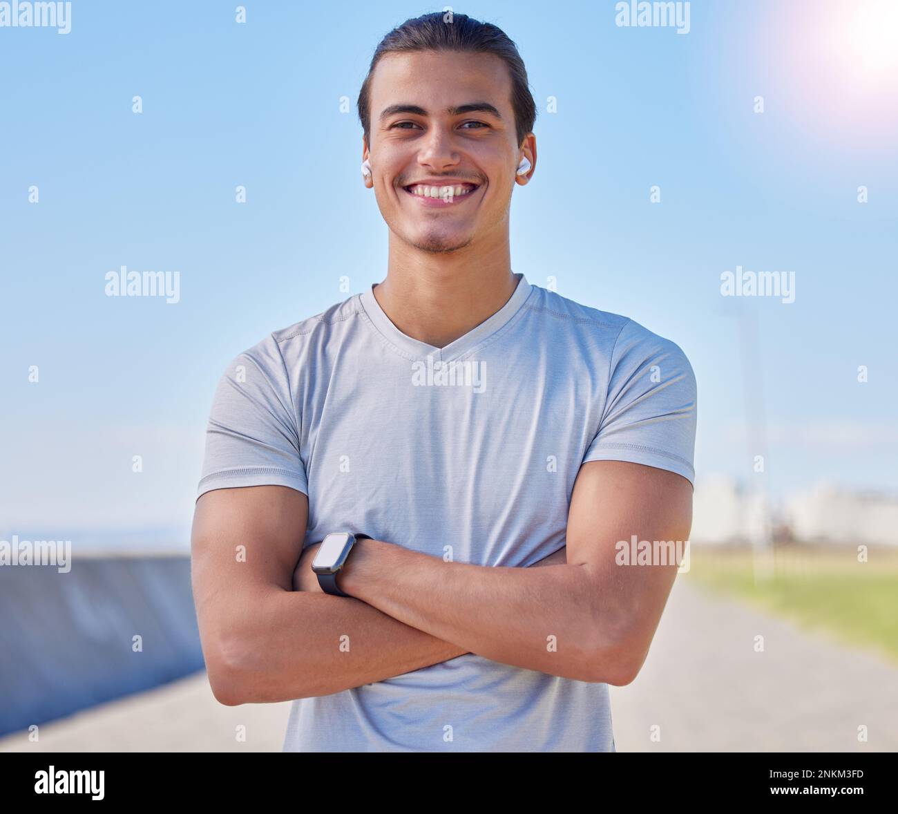 Fitness, smile and running with portrait of man for health, sports and ...