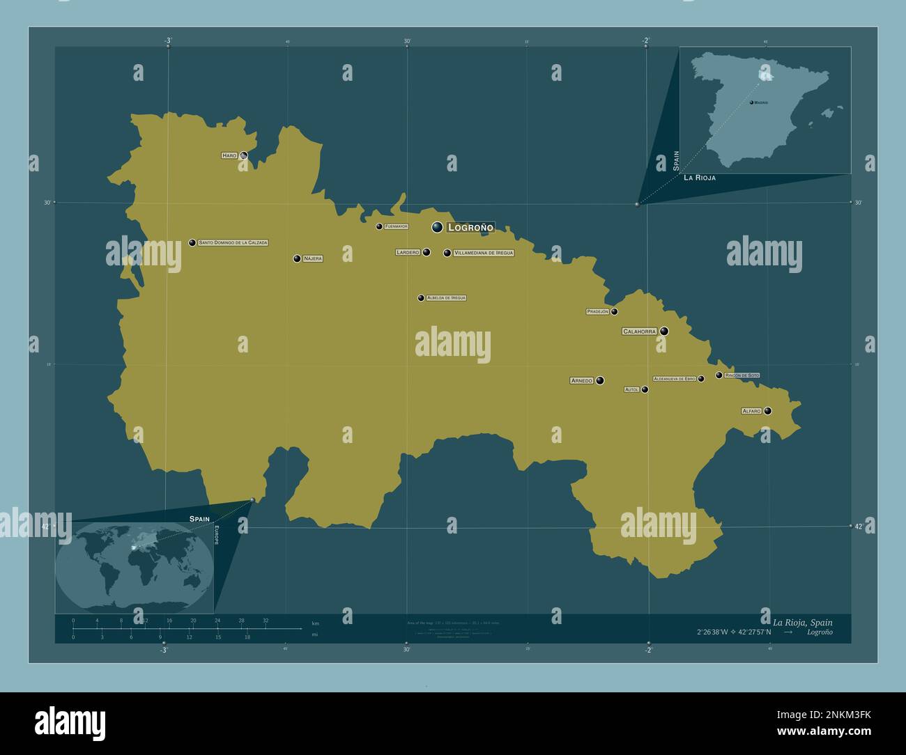La Rioja, autonomous community of Spain. Solid color shape. Locations ...