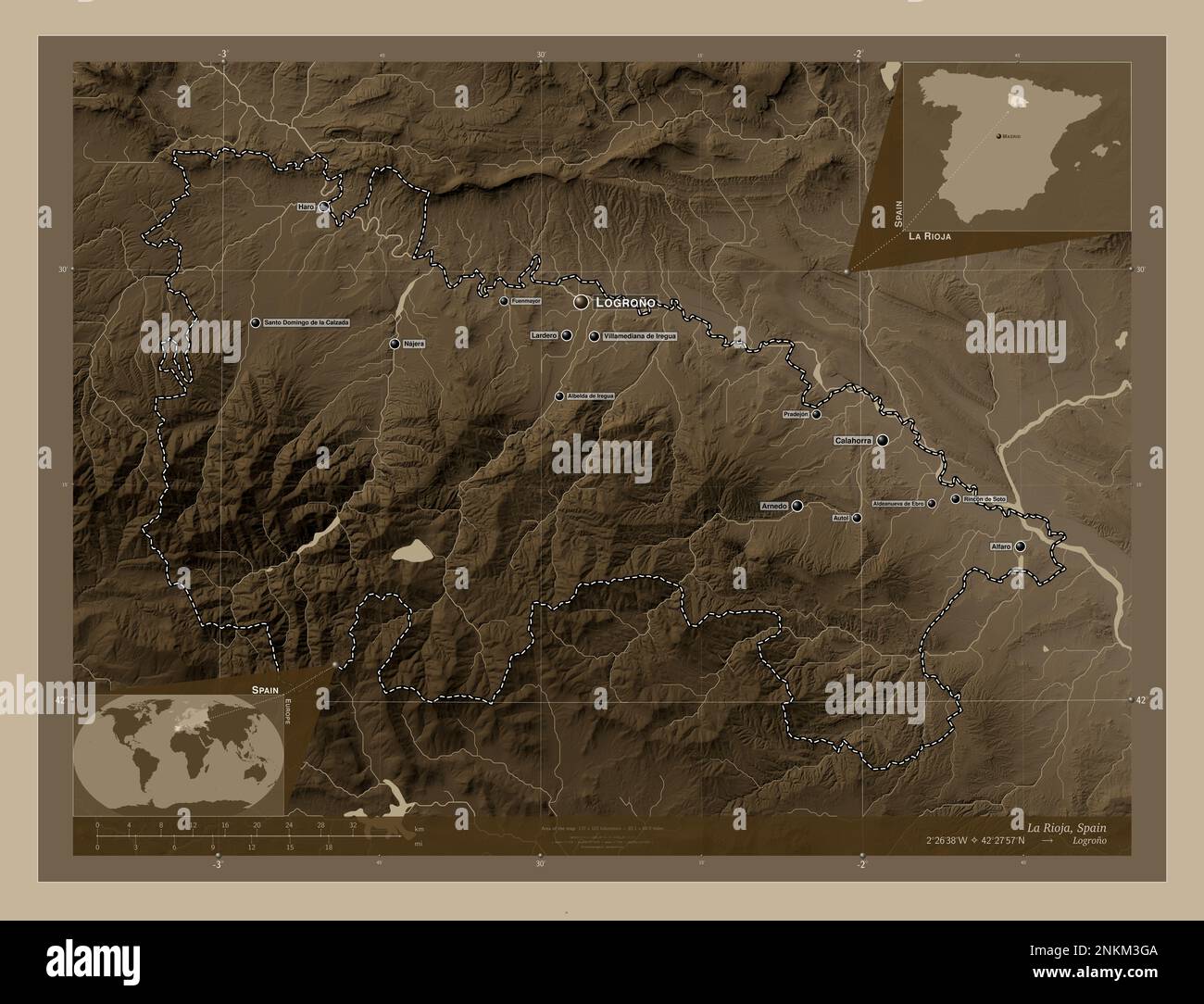 La Rioja, autonomous community of Spain. Elevation map colored in sepia ...