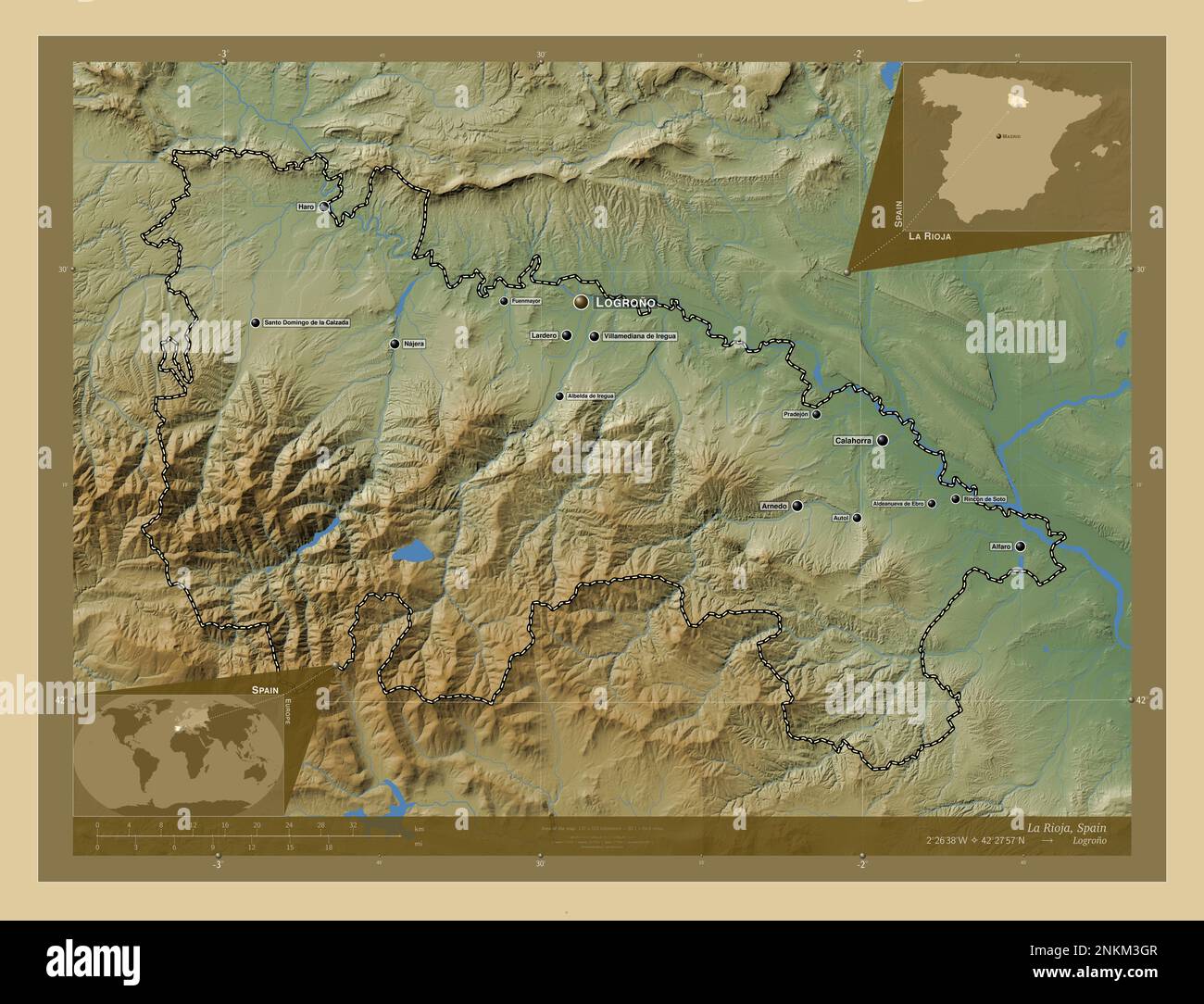 La Rioja, autonomous community of Spain. Colored elevation map with ...