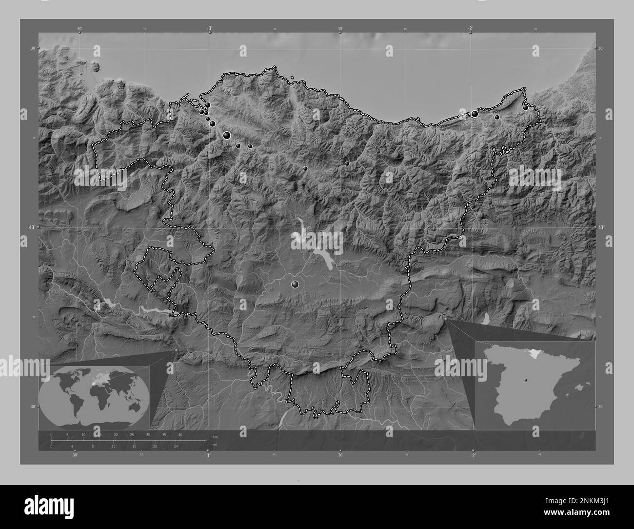 Pais Vasco, autonomous community of Spain. Grayscale elevation map with ...