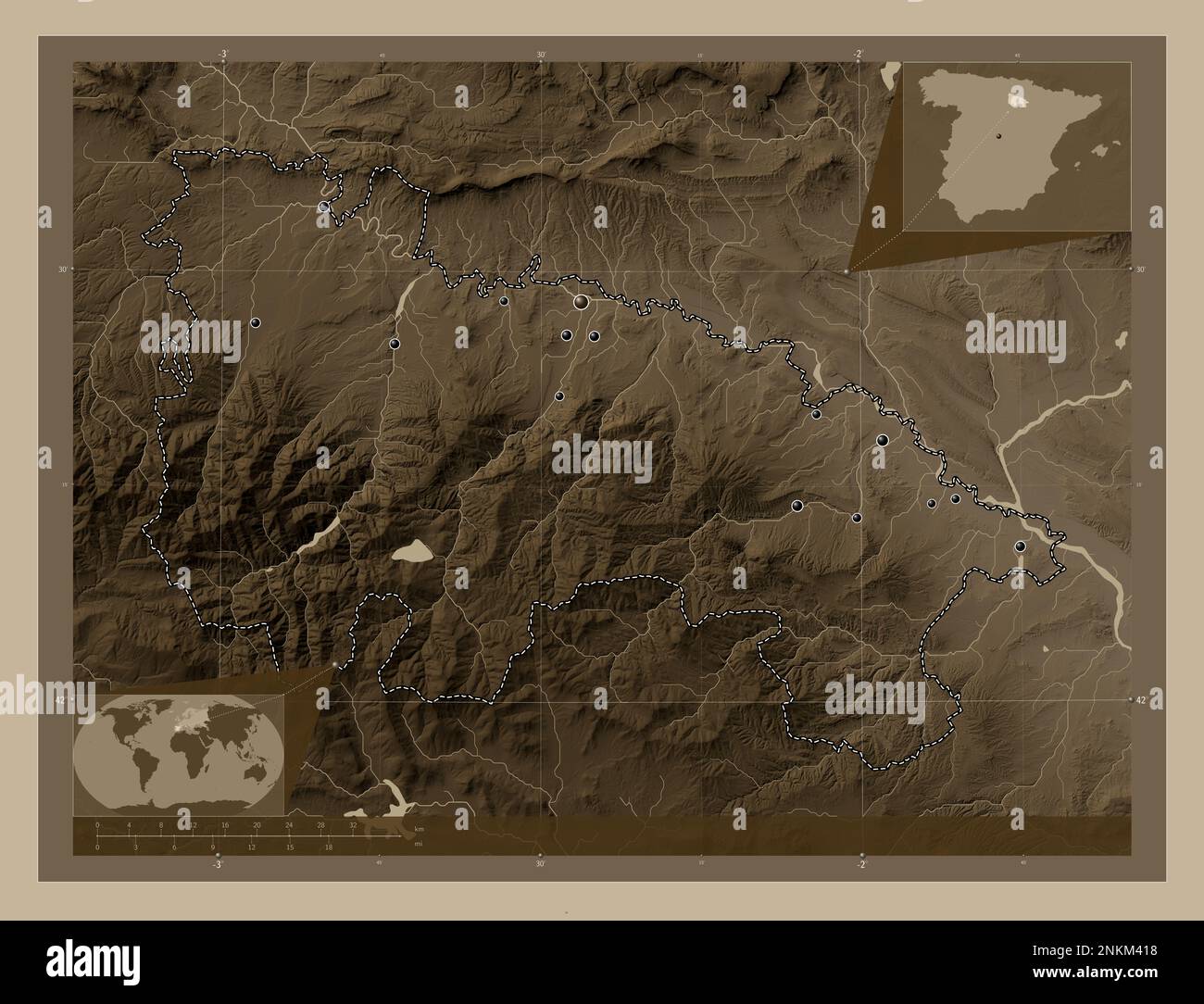 La Rioja, autonomous community of Spain. Elevation map colored in sepia ...