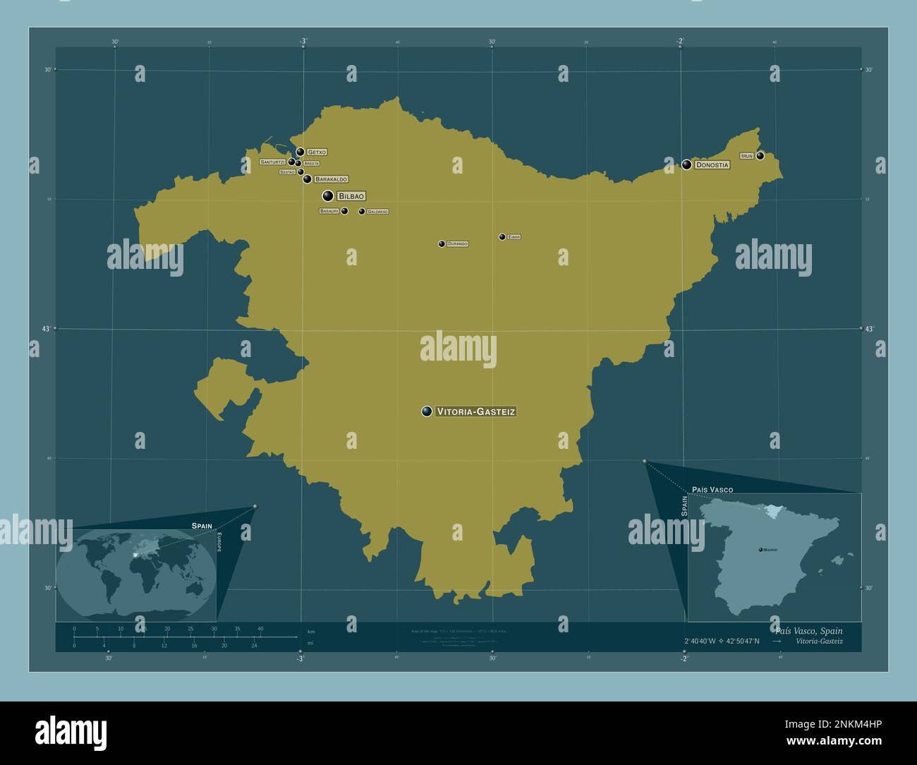 Pais Vasco, autonomous community of Spain. Solid color shape. Locations ...