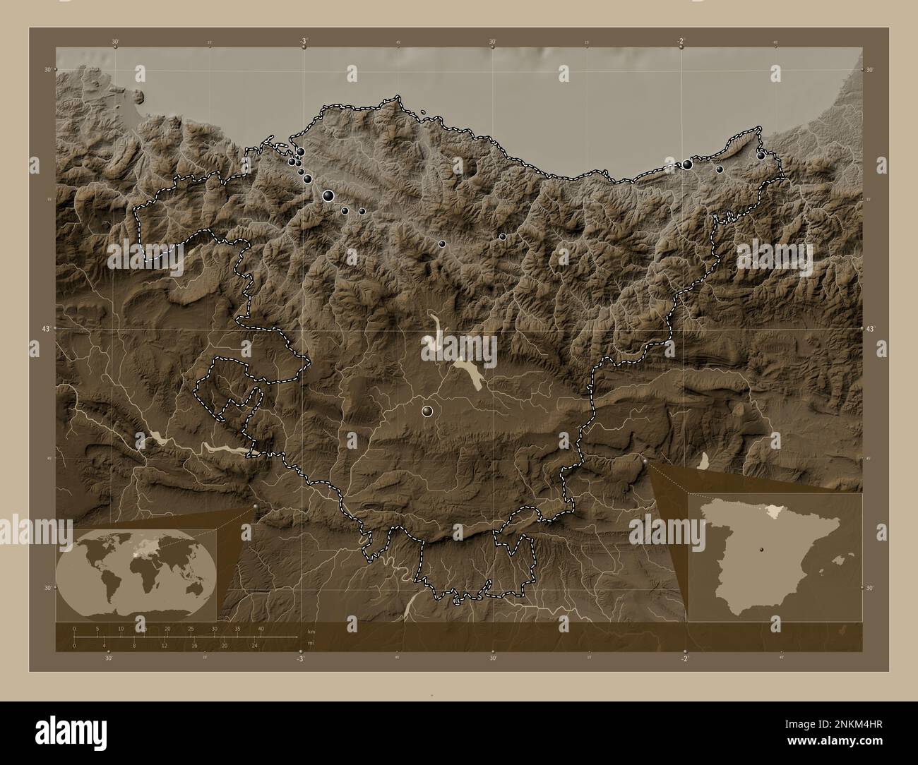 Pais Vasco, autonomous community of Spain. Elevation map colored in ...