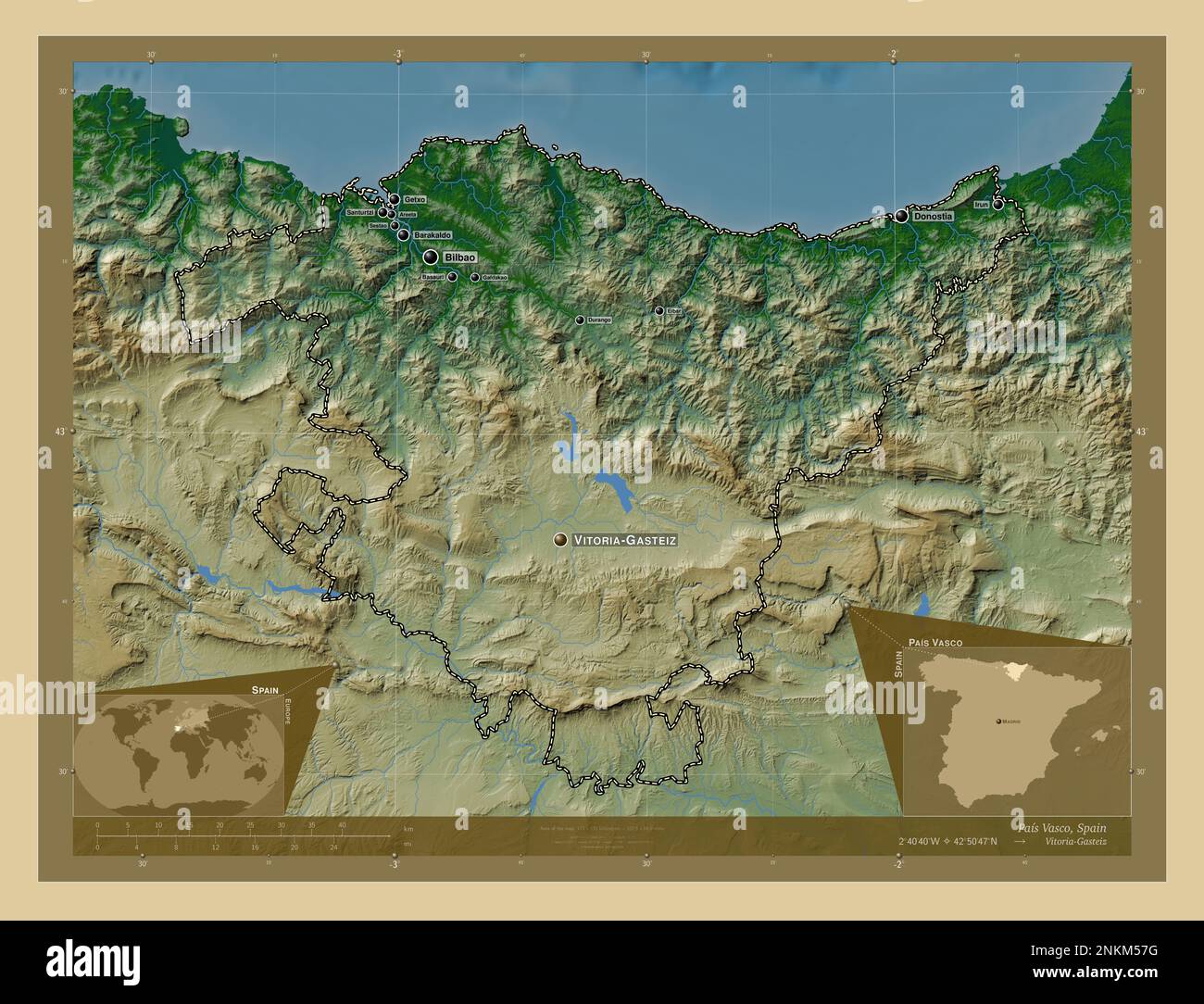 Pais Vasco, autonomous community of Spain. Colored elevation map with ...