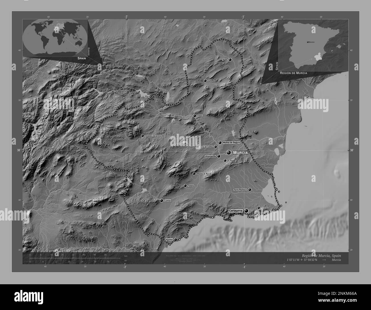 Region de Murcia, autonomous community of Spain. Bilevel elevation map ...