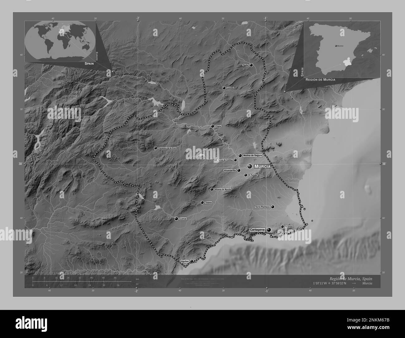 Region de Murcia, autonomous community of Spain. Grayscale elevation ...