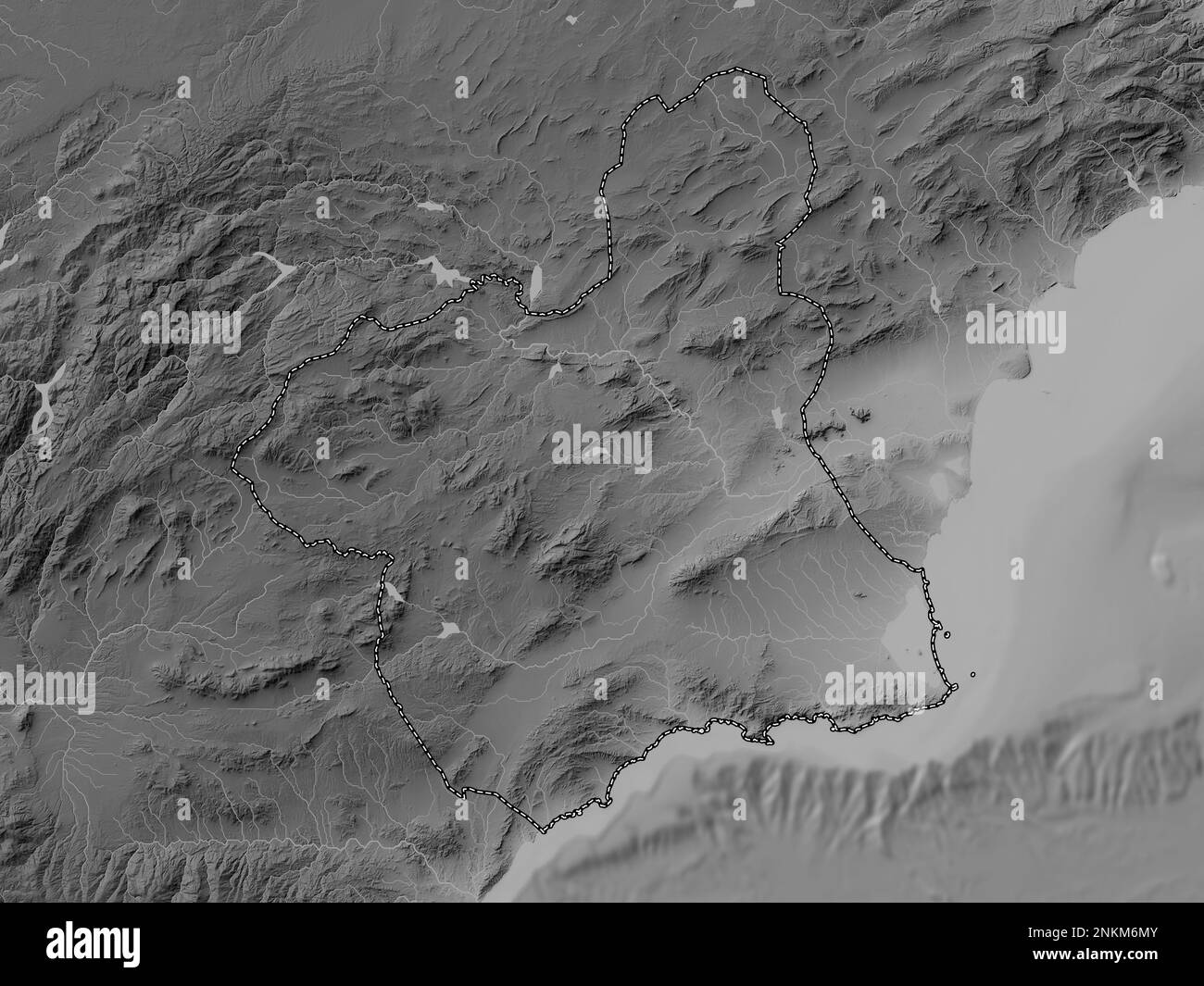 Region de Murcia, autonomous community of Spain. Grayscale elevation ...
