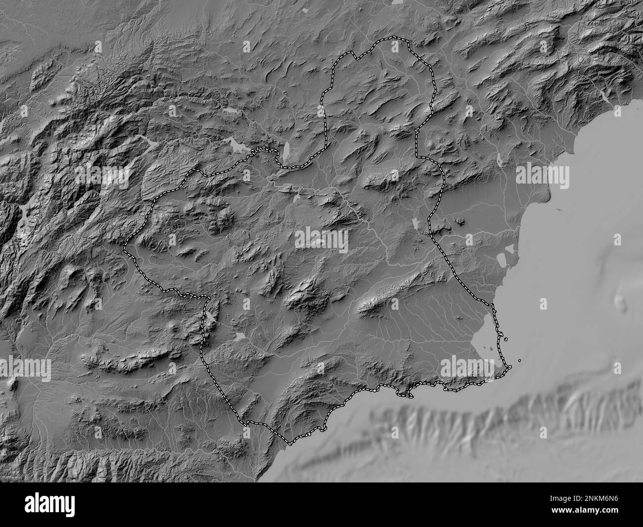 Region de Murcia, autonomous community of Spain. Bilevel elevation map ...