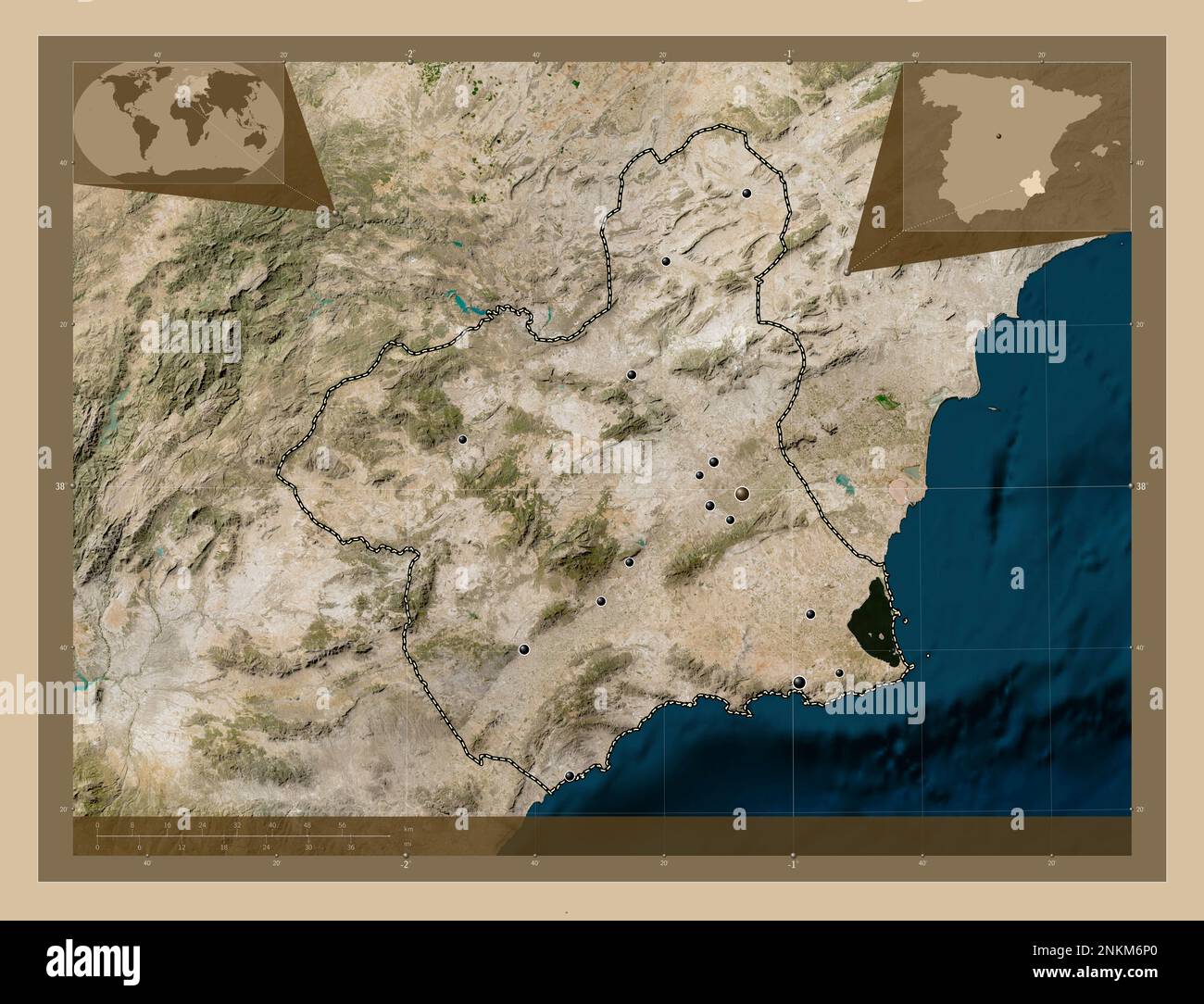 Region de Murcia, autonomous community of Spain. Low resolution satellite map. Locations of ...