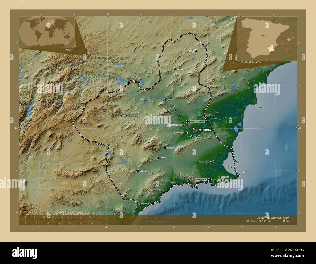 Region de Murcia, autonomous community of Spain. Colored elevation map ...