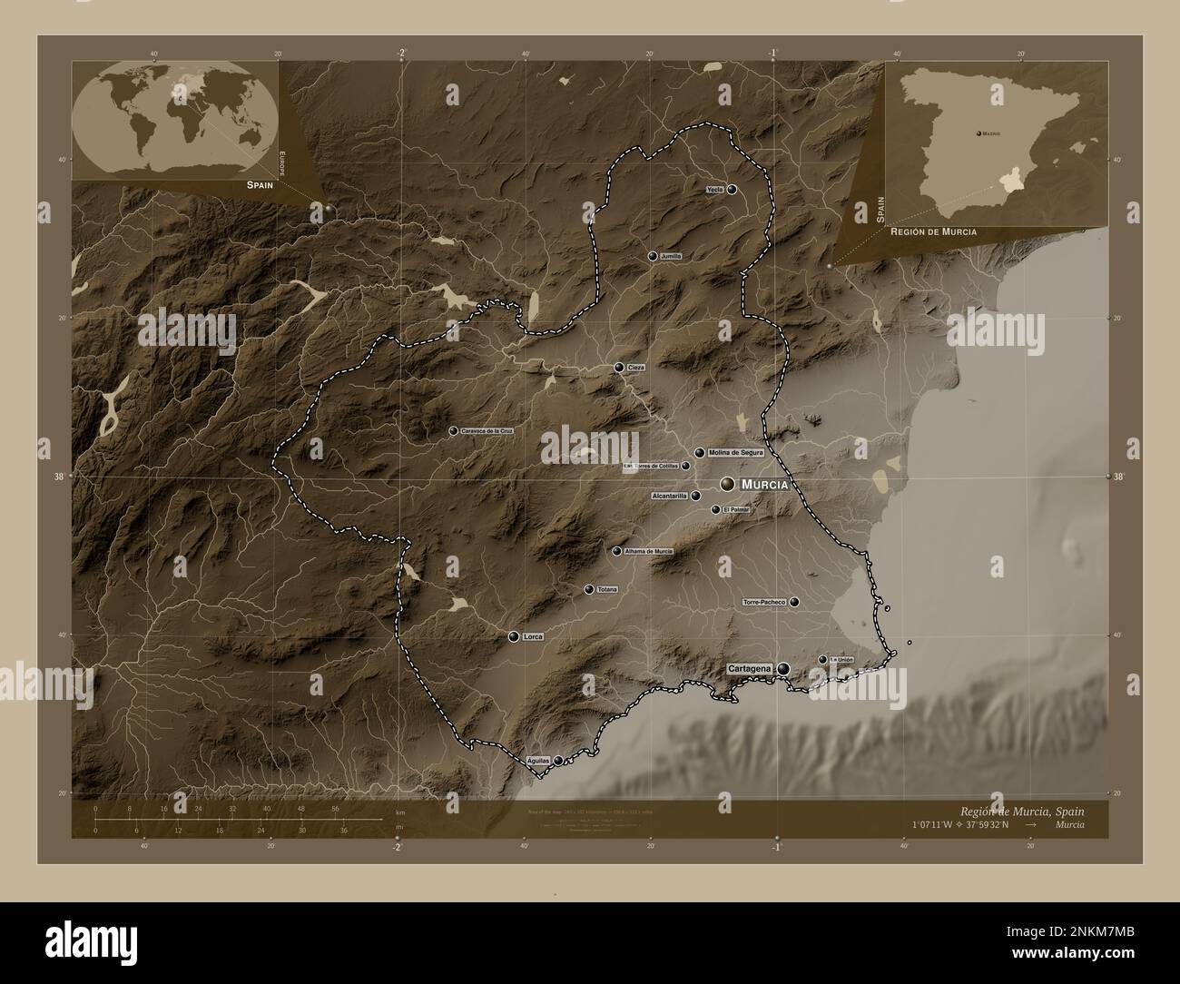 Region de Murcia, autonomous community of Spain. Elevation map colored ...
