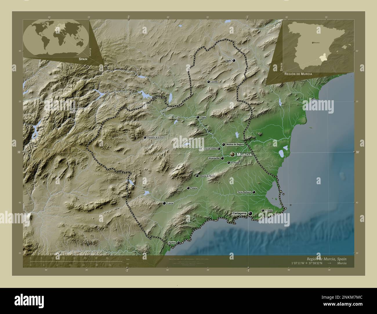 Region de Murcia, autonomous community of Spain. Elevation map colored ...