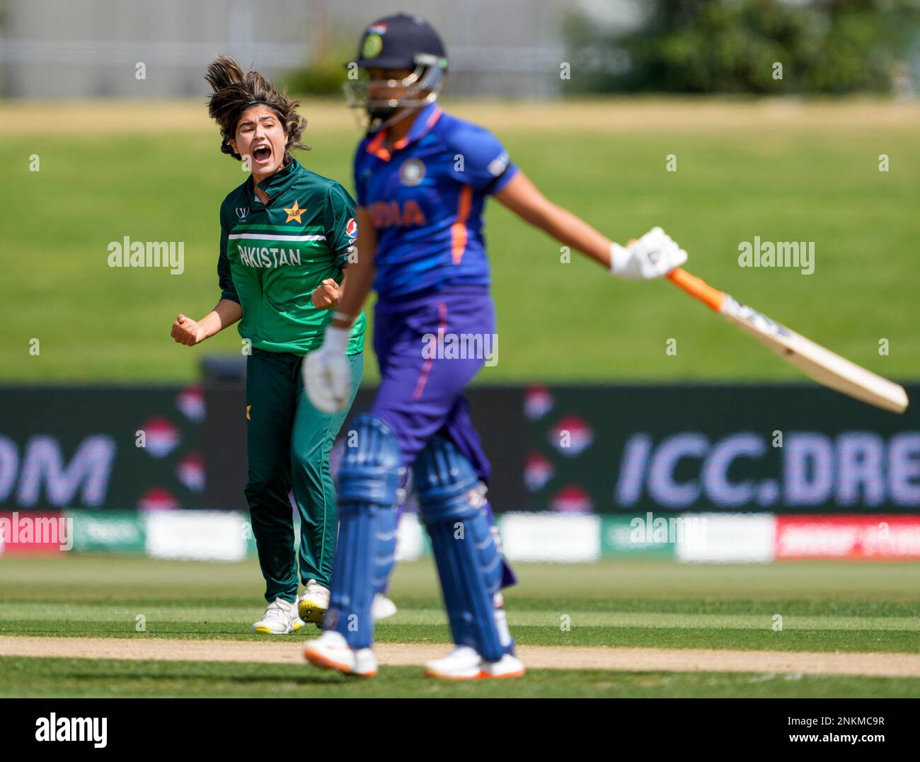 Diana Baig of Pakistan celebrates the wicket of India's Shafali Verma ...