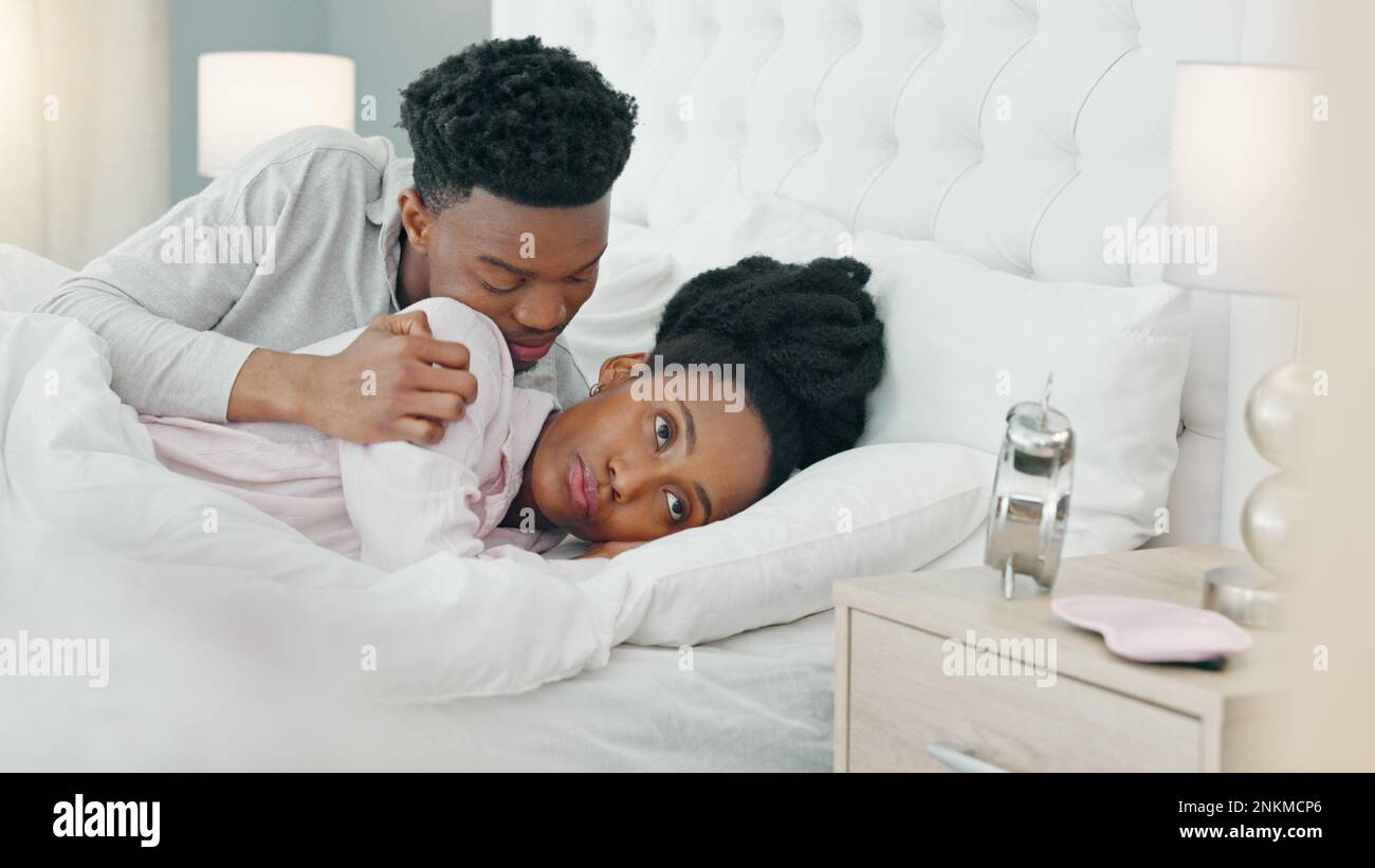 Couple in bedroom after fight, frustrated black woman and man comfort ...