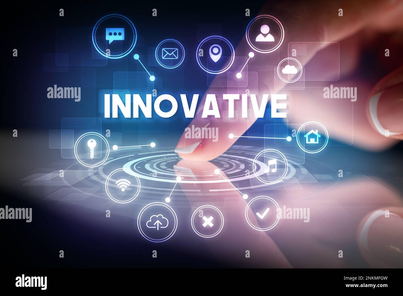 Finger touching tablet with web technology icons concept Stock Photo ...