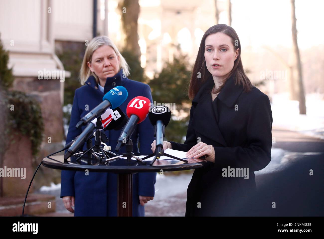 Finnish Prime Minister Sanna Marin, right, and her Swedish counterpart ...