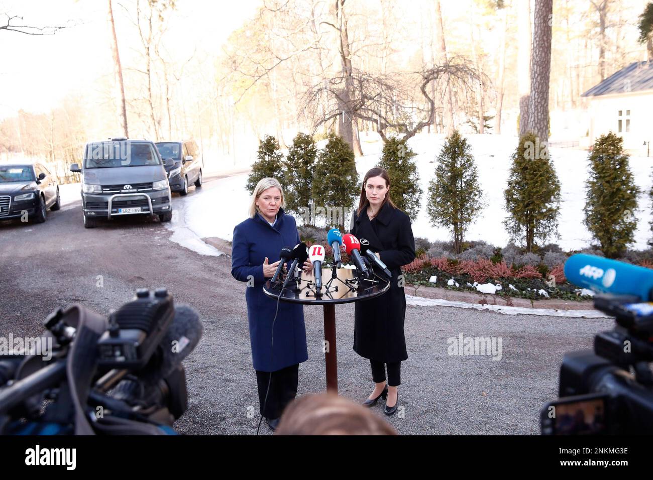 Finnish Prime Minister Sanna Marin, right, and her Swedish counterpart ...
