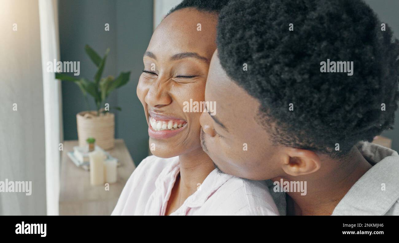 Morning, window and couple hug in bedroom for cute embrace with warm ...