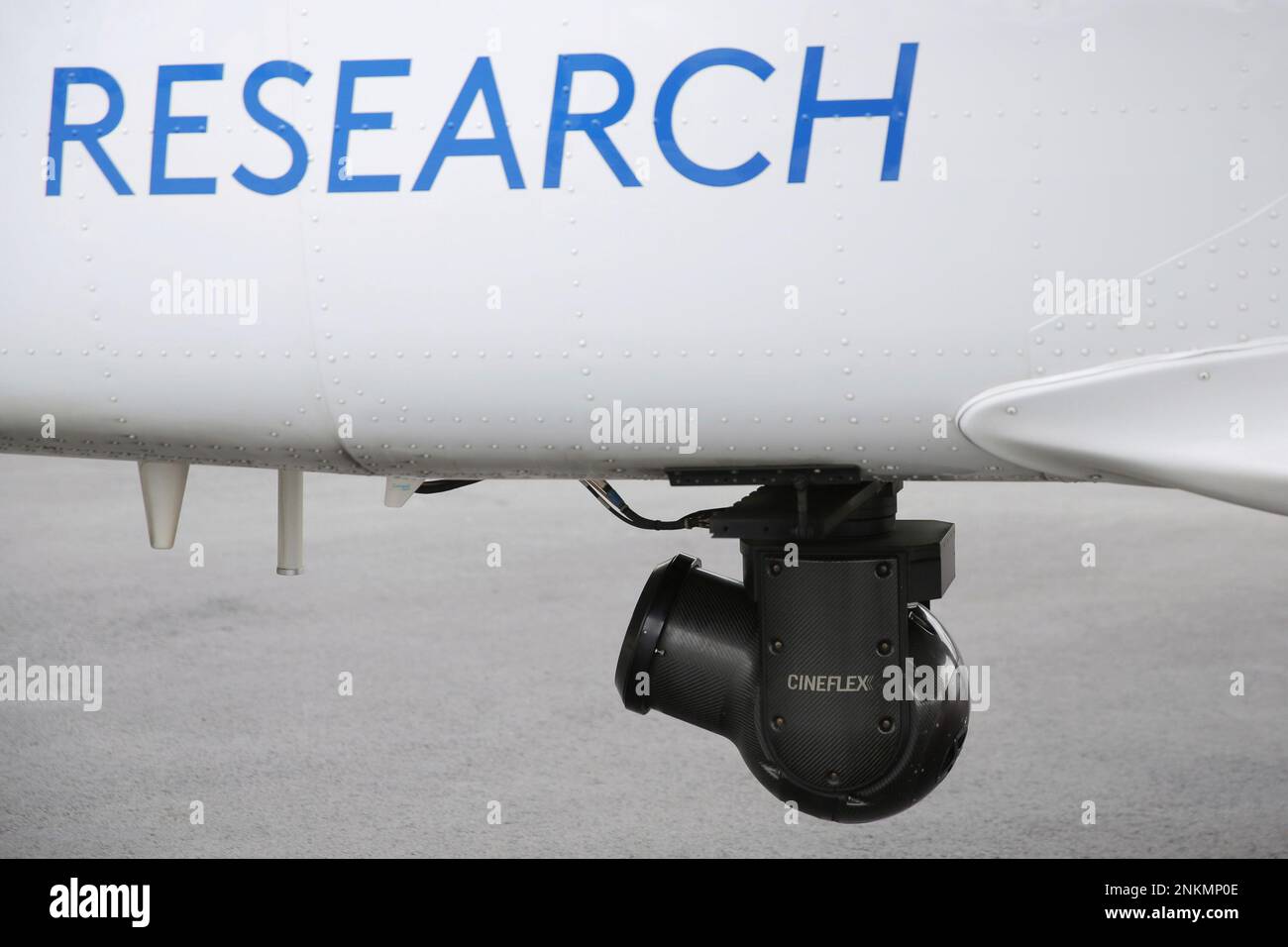 A gyro-stabilized Cineflex camera is attached to the bottom of the ...