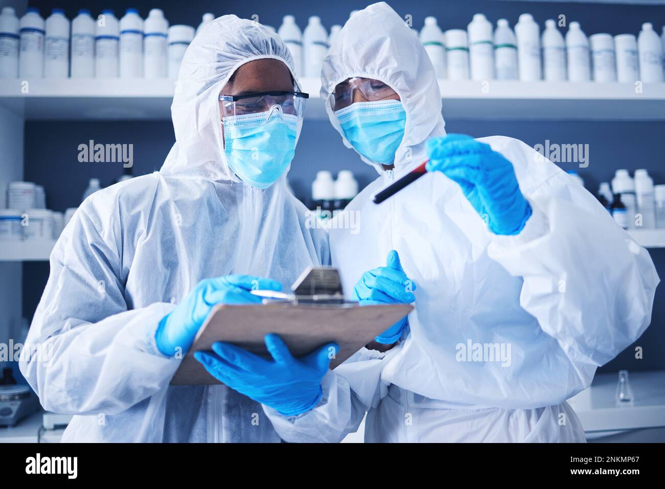 Teamwork, blood checklist or doctors in lab with notebook for research ...