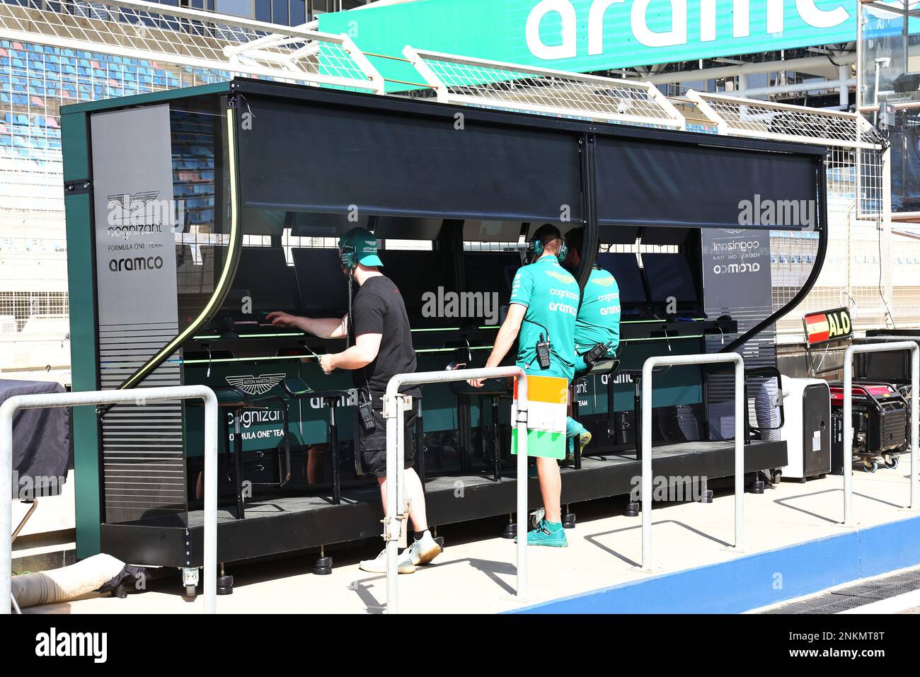 Sakhir, Bahrain, 24.02.2023. Aston Martin F1 Team pit gantry. 24.02. ...