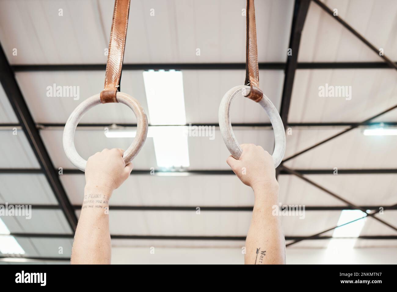 Hands, rings and gymnastics in fitness for workout, strength training ...