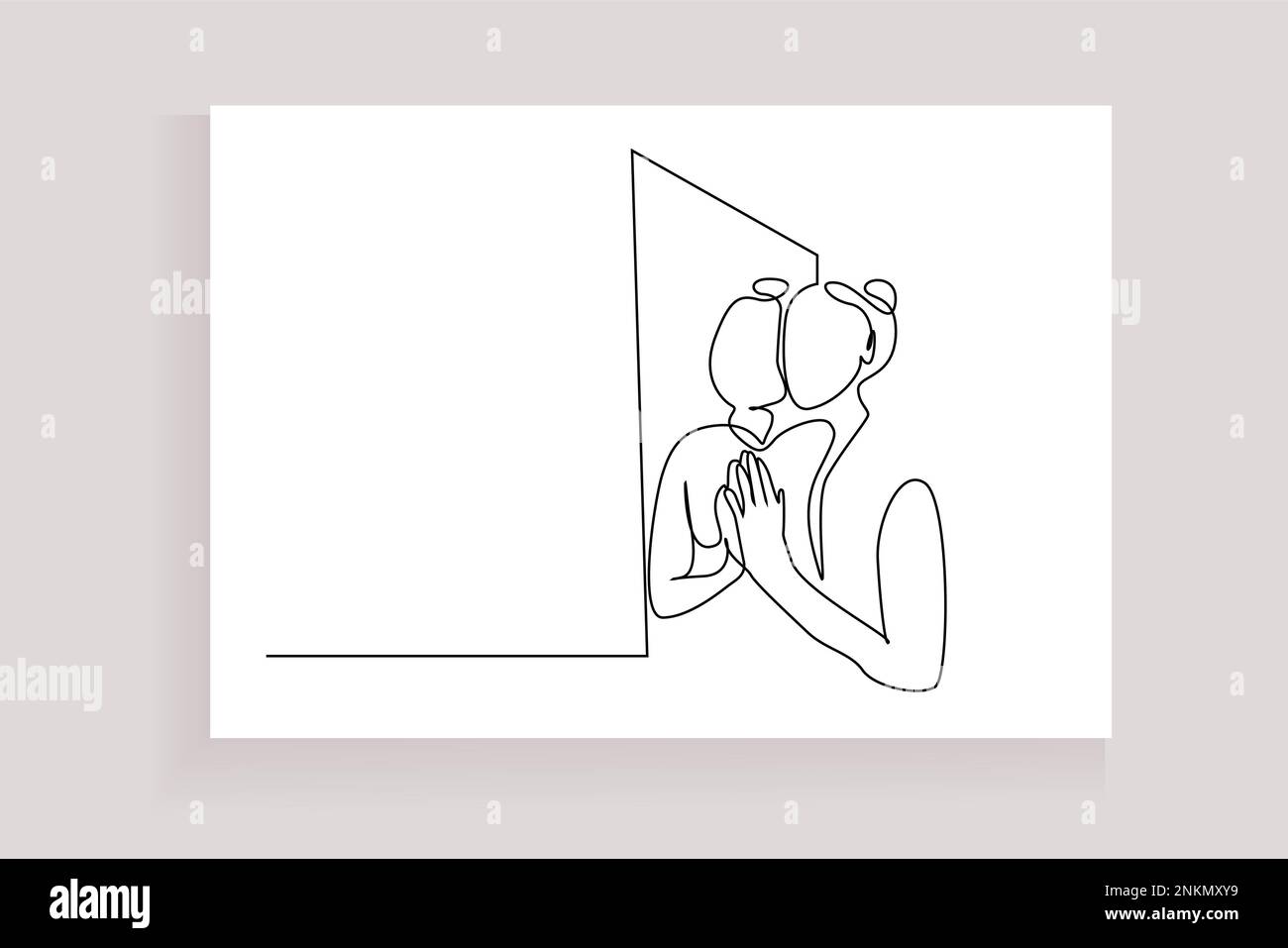 young woman mirror reflection herself thoughtful beauty line drawing ...