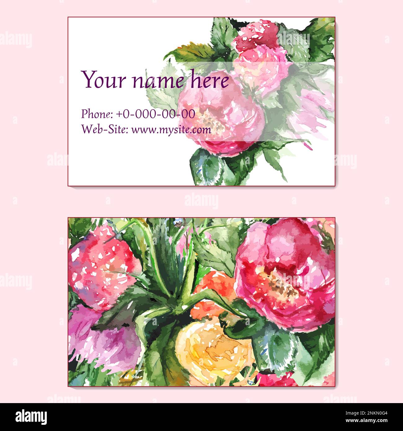 Watercolor floral peony business visiting visit card template vector ...