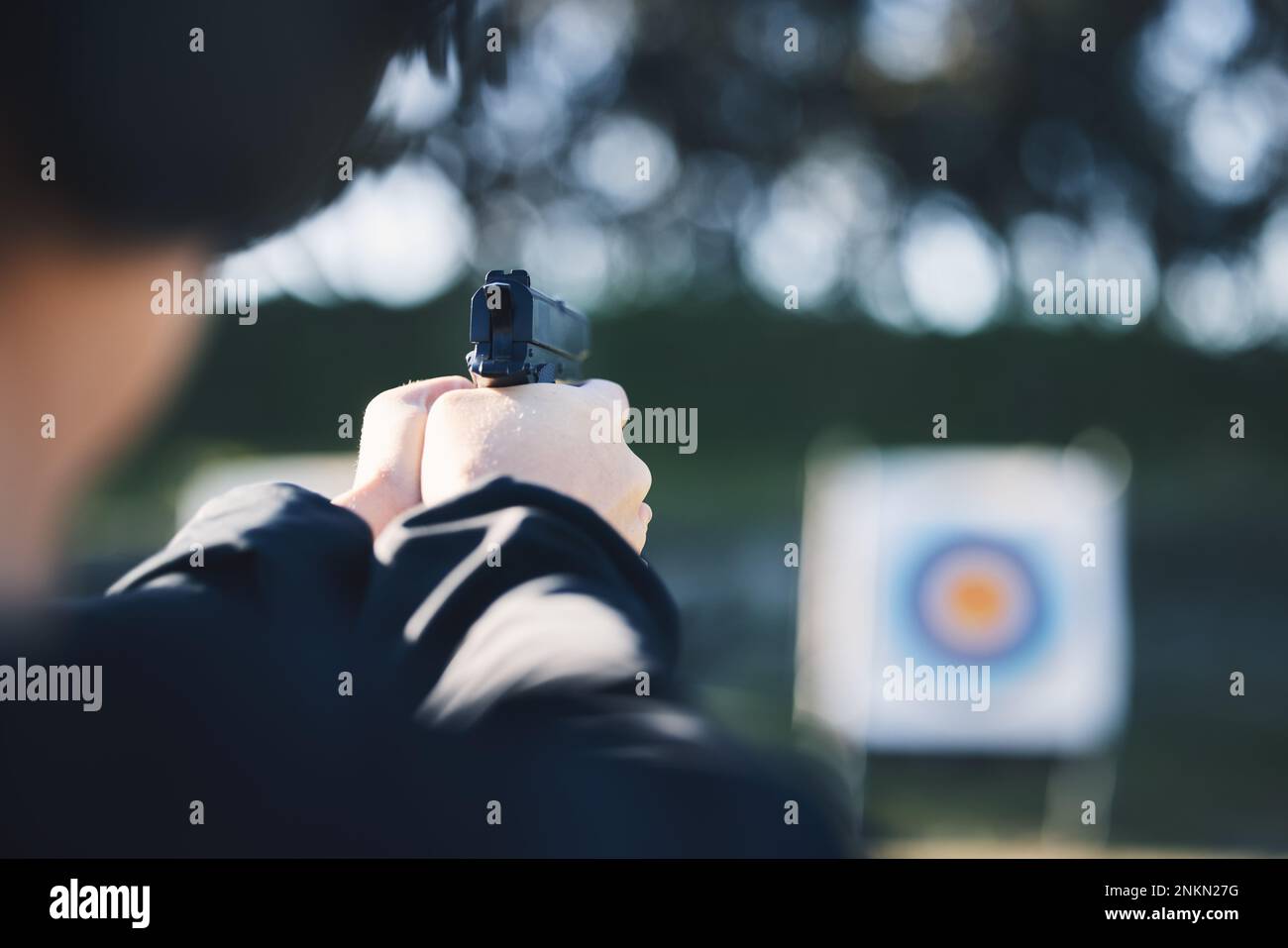 Firearm, target and person training outdoor at shooting range for game ...